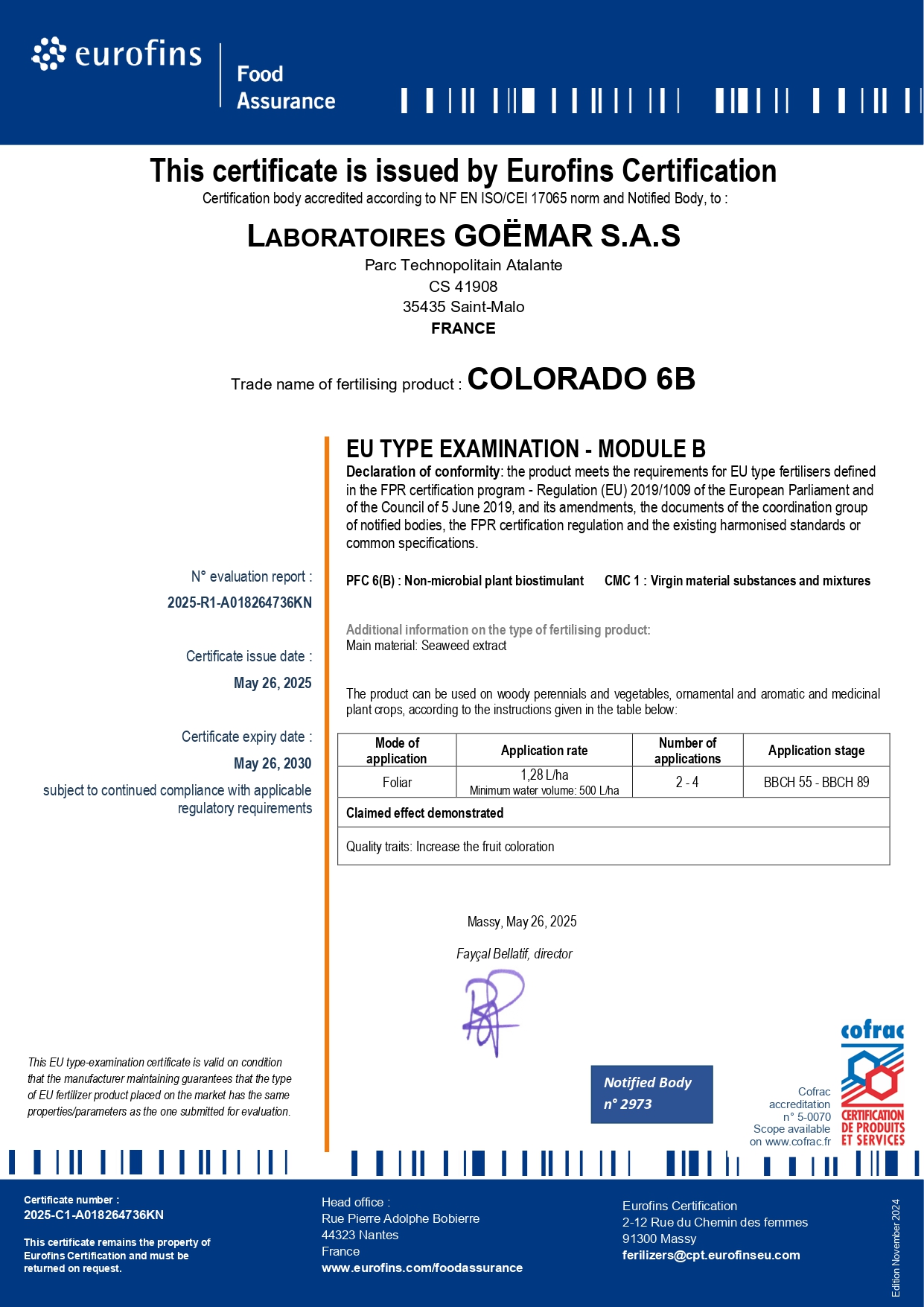 Certificat Laboratoires GOËMAR